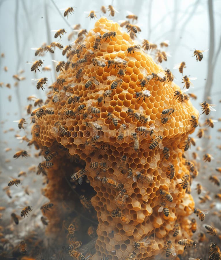 Honey Bees Swarming on Honeycomb. a Beehive in the Shape of a Honeycomb ...