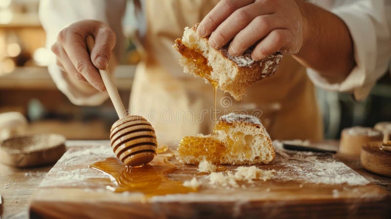 Honey is Being Drizzled Onto a Mound of Flour, Signifying the Start of ...