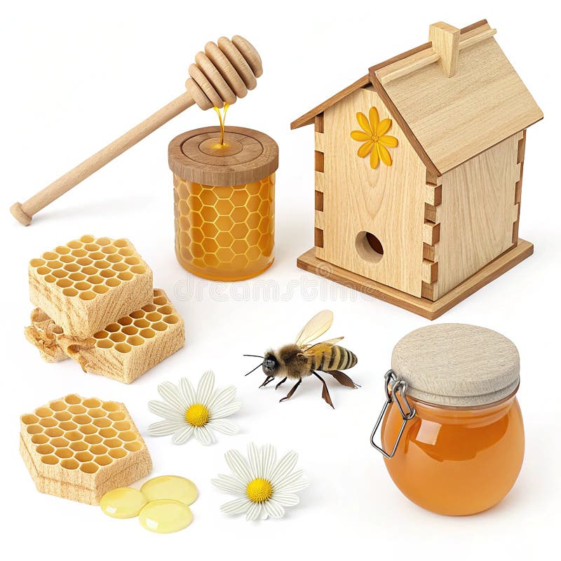 Honey Concept 3D Elements Set. Bee, Comb Cell, Dipper, Hive, Jar and ...