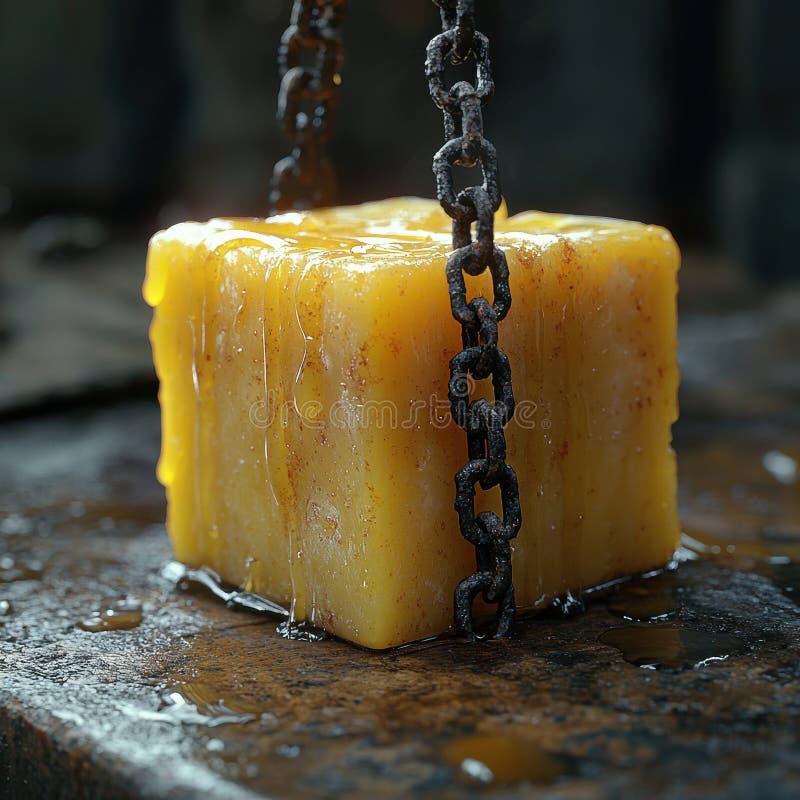 Honey-drenched Cube with Chains on Rustic Surface Stock Photo - Image ...