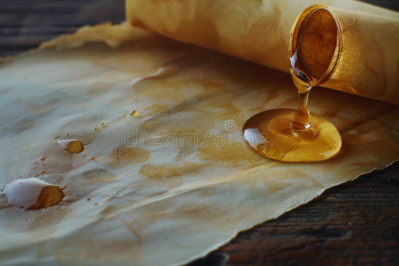 Honey Dripping from a Rolled Papyrus Onto a Wooden Table Stock ...
