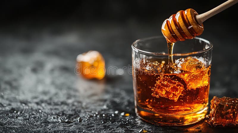 Honey-drizzled Whiskey Rocks Glass on Dark Surface Stock Illustration ...