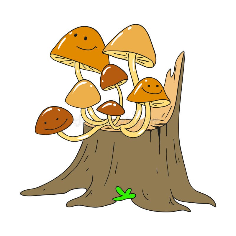 Honey Fungus on a Tree Stump. Mycelium. Vector Character. Stock ...