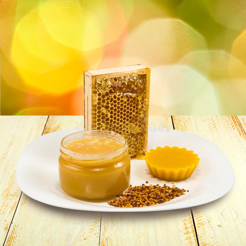 Honey, Honeycomb and Pollen on the Table Stock Image - Image of ...