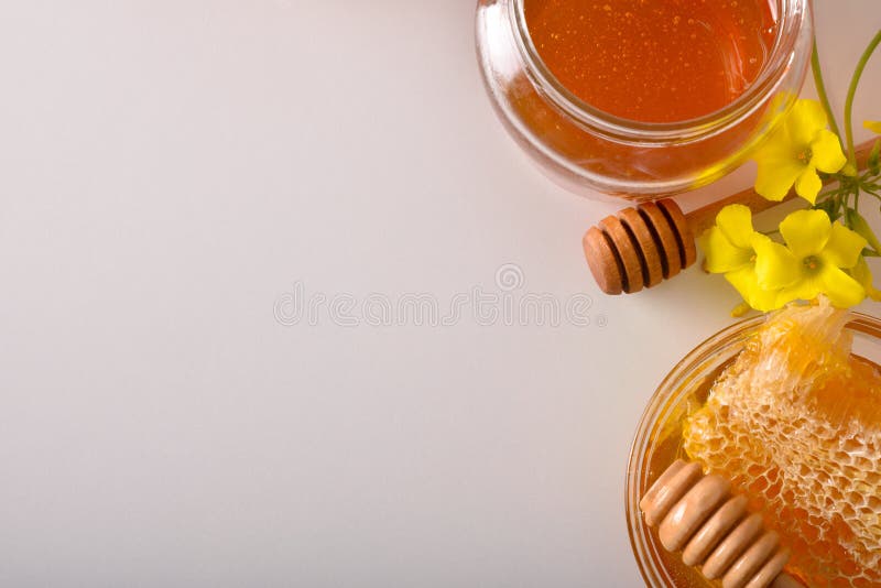 Containers with Honey Honeycomb and Pollen Bee Top Close Up Stock Photo ...