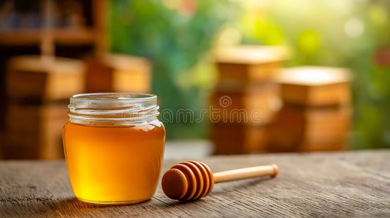 Honey Jar on Table Against Blurred Nature Background. Shallow Depth of Fields Stock Image ...