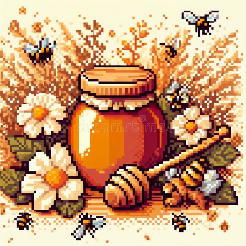 Honey in a Jar and Wasps, Pixel Art Stock Illustration - Illustration ...