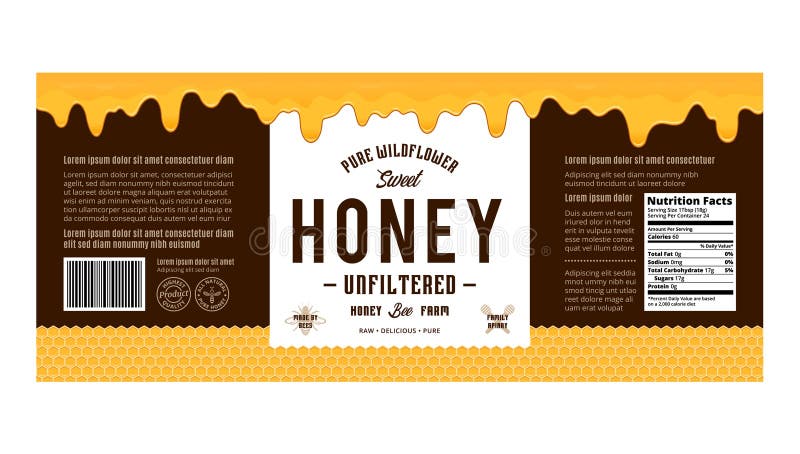 Honey Label Design with Honeycombs and Dripping Honey Stock Vector ...