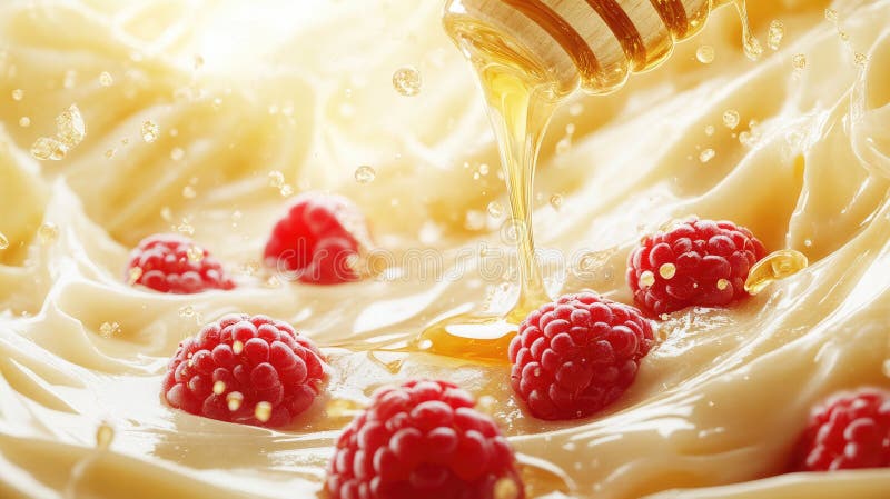 Honey Poured Over Raspberries in a Creamy Liquid Stock Illustration ...