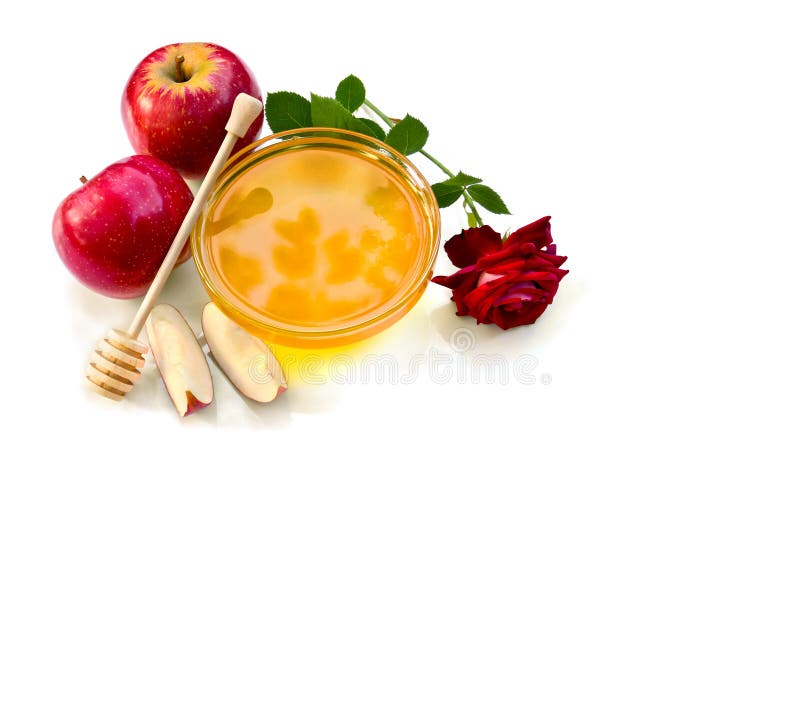 Honey, Red Apples and Flower Red Rose on a White Background with Space ...