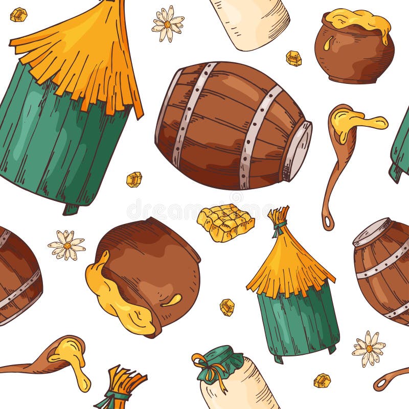Honey Seamless Pattern. Design with Apiary Sketch Elements Stock Vector ...