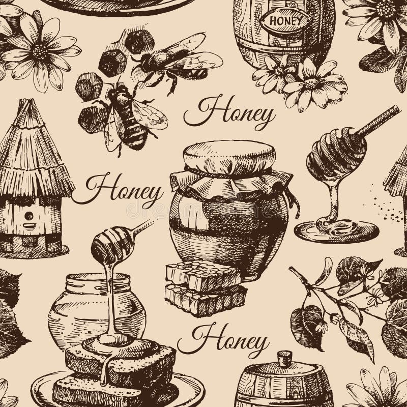 Honey Seamless Pattern with Hand Drawn Sketch Illustration Stock ...