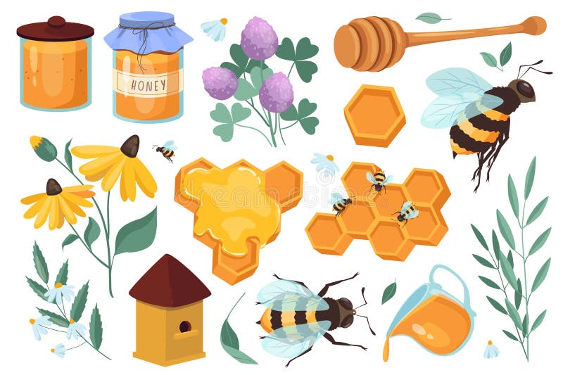 Honey Set Graphic Elements in Flat Design. Vector Illustration Stock ...