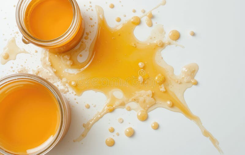 Honey Spill with Jars on White Background Overhead View Stock ...