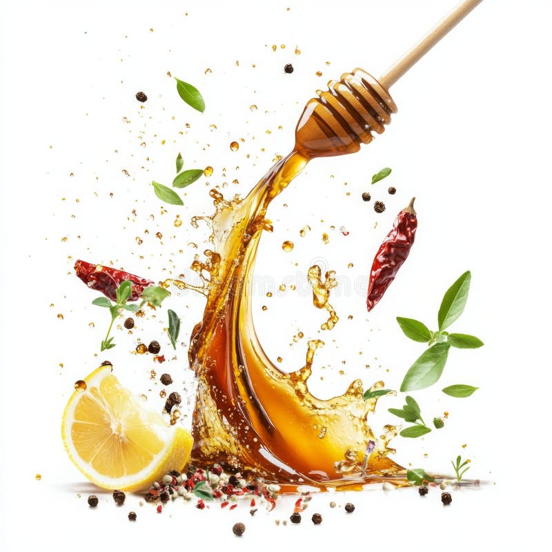 Honey Splash with Lemon and Herbs on White Background Stock Photo ...