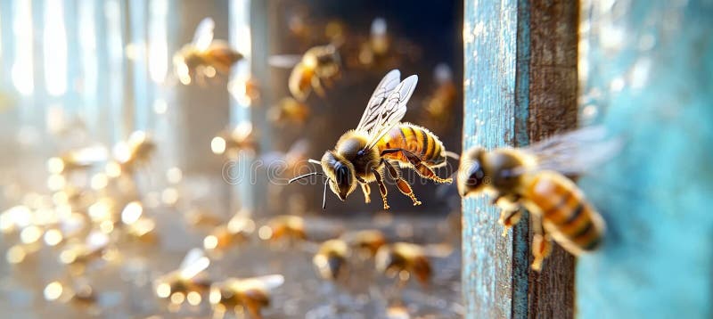 Honeybee Activities in Sharp Focus a Blur of Bees Flitting through a ...