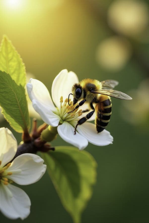 Honeybee Gathering Nectar from White Pear Tree Blossoms at Dawn, Yellow ...
