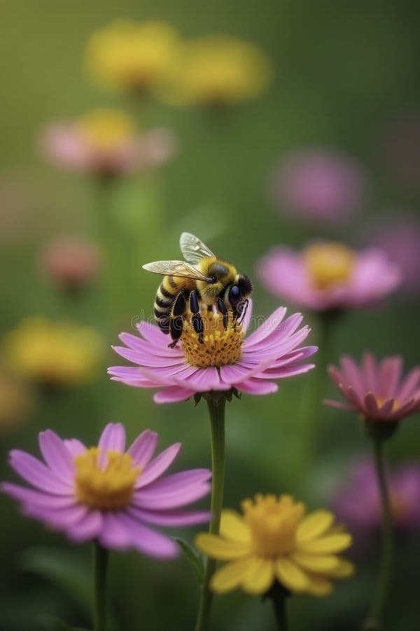 Honeybee Gathering Pollen on a Patch of Blooming Wildflowers, Nature ...