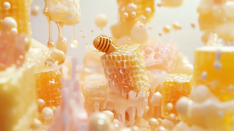 Honeycomb Abstract with Bee and Dripping Honey Stock Illustration ...