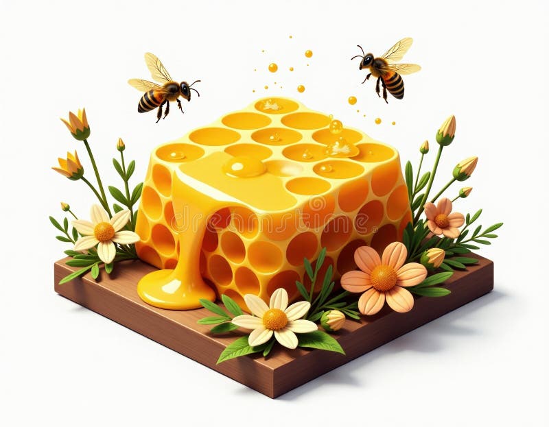 Honeycomb with Bees and Flowers - Sweet 3D Render Stock Illustration ...