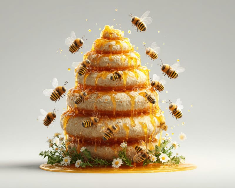 Honeycomb with Busy Bees and Daisies Stock Illustration - Illustration ...