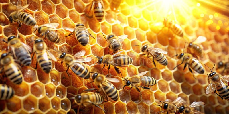 Honeycomb Closeup Busy Bees at Work in a Golden Hive. Generative AI ...