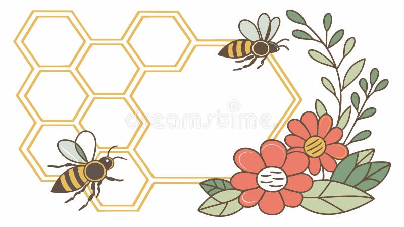 Honeycomb Frame with Bees and Flowers in a Whimsical Style, Vector ...