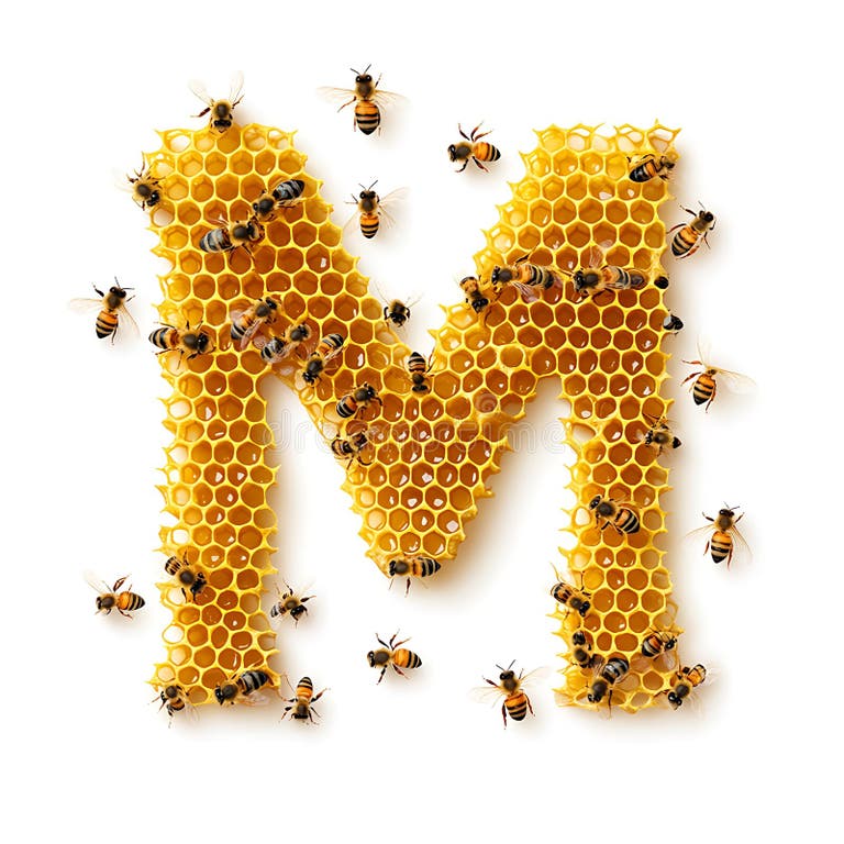 Honeycomb Letter M with Bees on White Background Stock Illustration ...