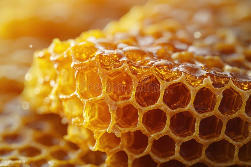 Honeycomb Structure with Golden Honey Glistening in Sunlight Stock ...
