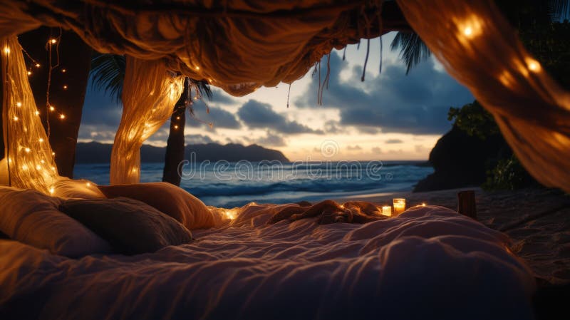A Honeymoon Setup Featuring a Romantic Beach Bed, Twilight, an Ocean View, and String Lights ...