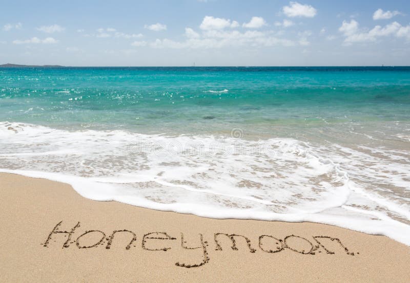 Honeymoon Written in Sand with Sea Surf Stock Photo - Image of concept ...
