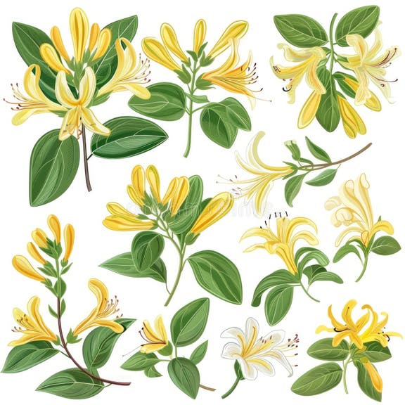 Honeysuckle Flower Illustration Set. Botanical Design Elements Stock ...