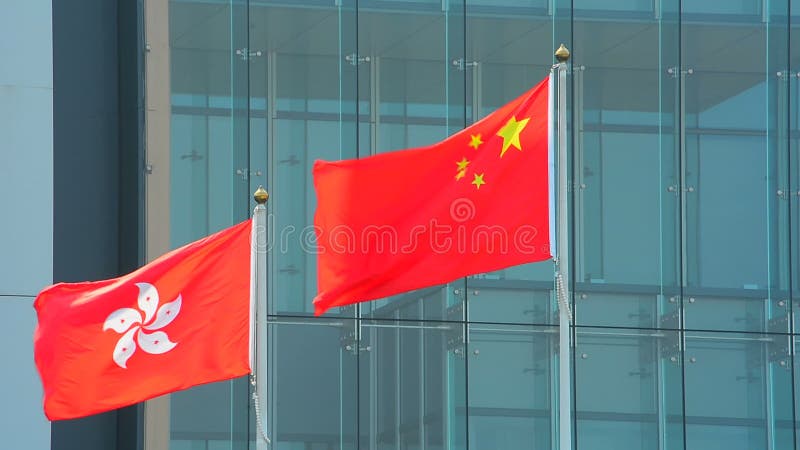 Flags of Hong Kong and China Waving in the Wind on Green Screen Stock ...