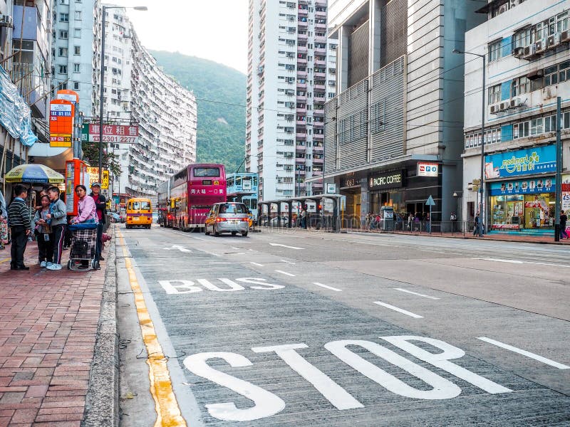 Hong Kong - December 09, 2016: Bus Stop Write on the Asphalt of Road in ...