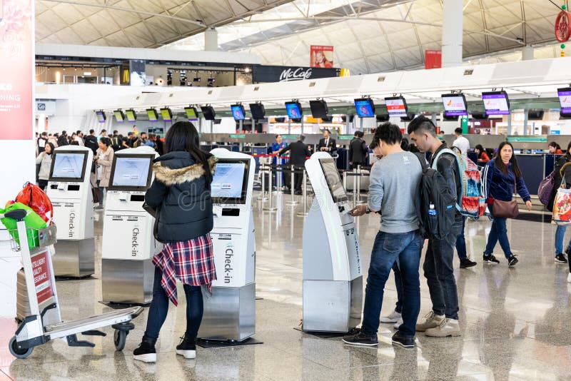 HONG KONG, February 9, 2019: Passengers Doing Flight Self Check-in at ...