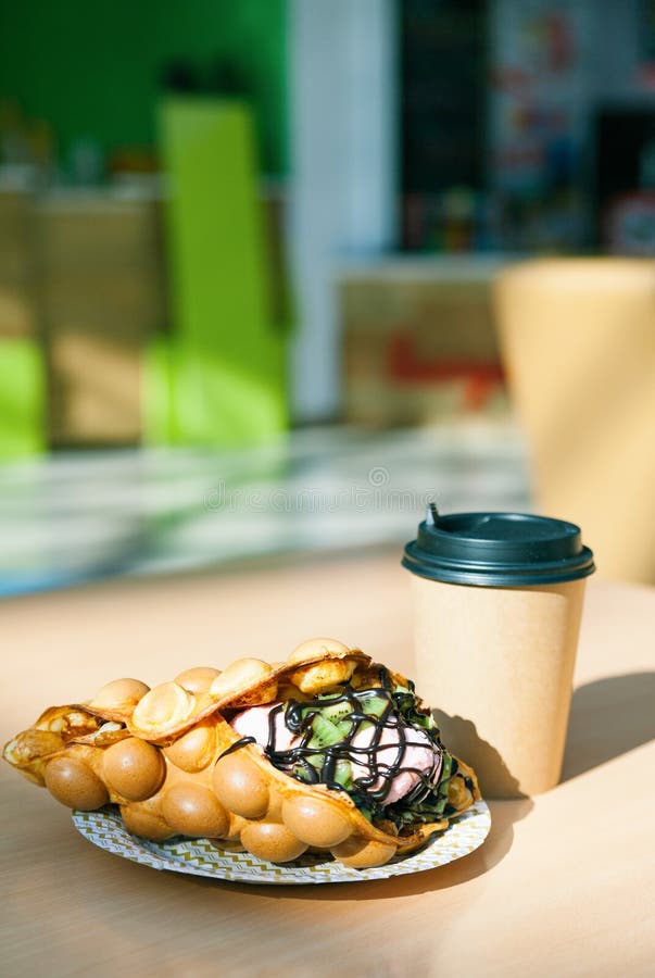 The Hong Kong Waffles and Paper Coffee Cup Stock Photo - Image of food ...