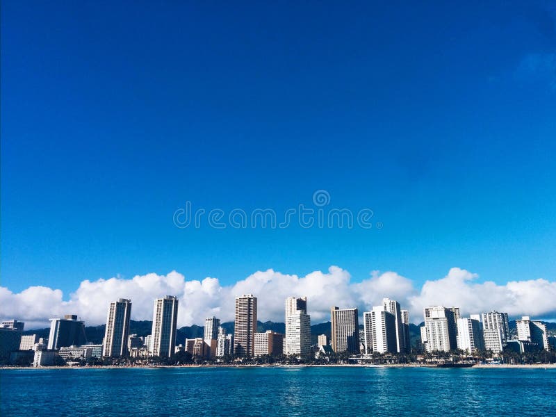 Honolulu Skyline With Ocean Front Stock Image - Image of tourism, view ...