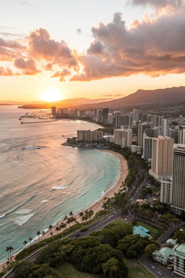 Honolulu Skyline with Oceanfront Sunset Stock Illustration ...