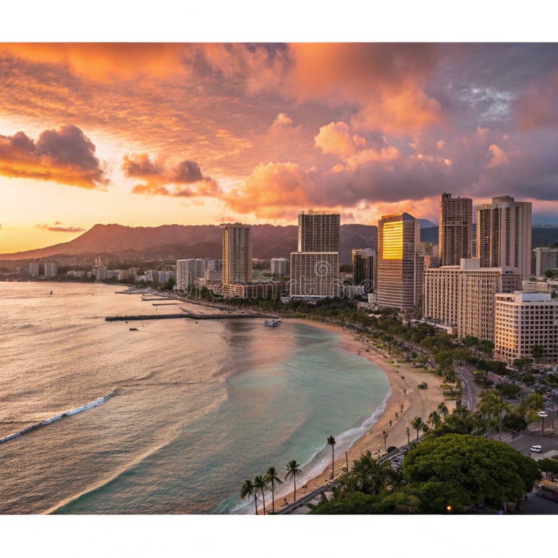 Honolulu Skyline with Oceanfront Sunset Stock Illustration ...