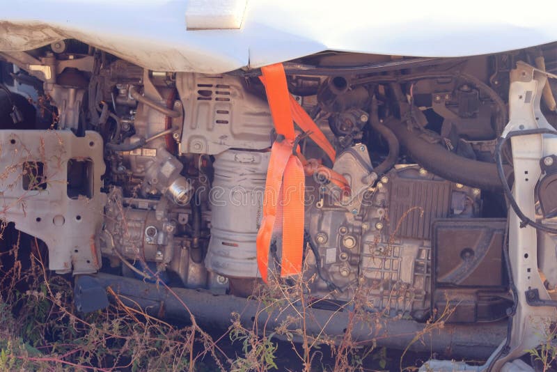 Hood and Engine Compartment of Car after a Strong Crash. Front Part of ...