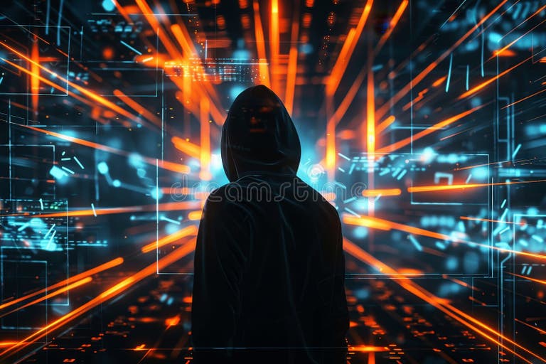 A Hood Man Hacker in Cyberattack Mode, Visualization of Cybersecurity ...