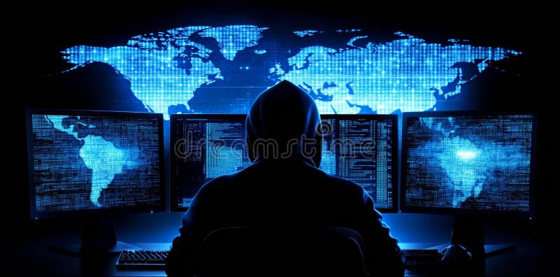 With a Hood Over Their Head, Someone Sits at a Computer, Gazing at a ...