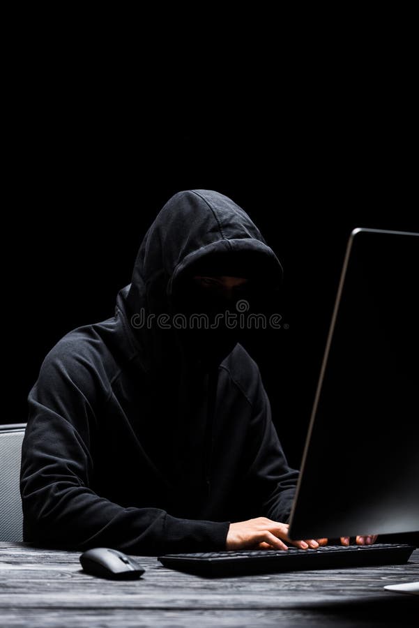 Hooded Anonymous Hacker in Mask Typing Stock Image - Image of system ...