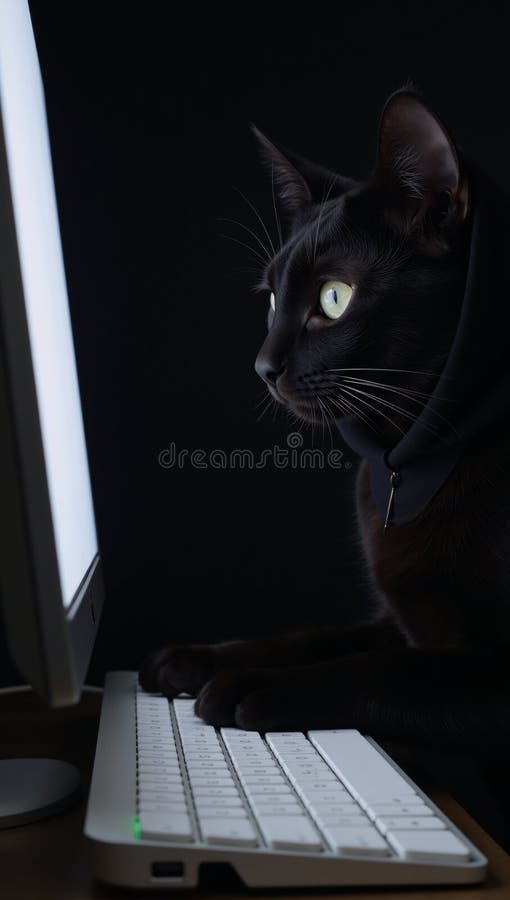 A Hooded Black Cat is Shown Typing at a Computer Keyboard Stock ...