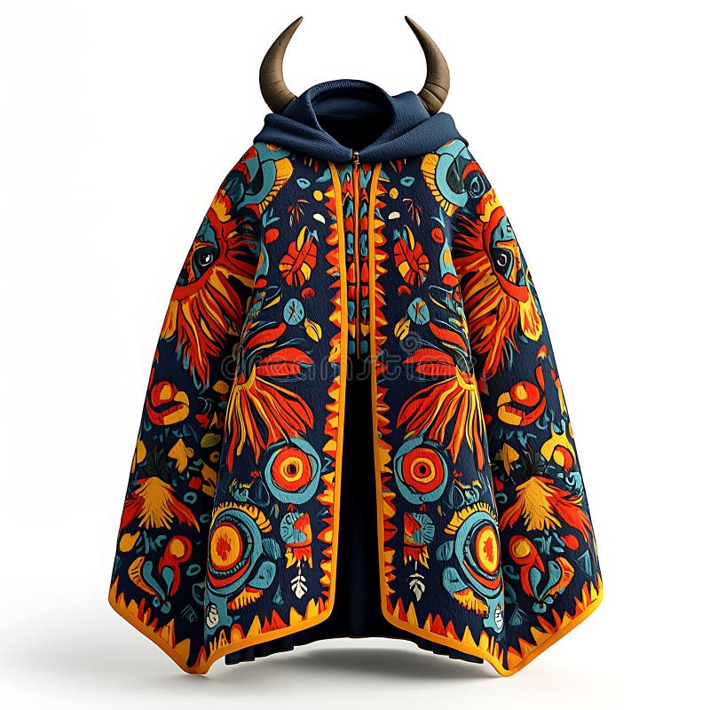 Hooded Cape with Horns and Vibrant Folk Art Design 3D Render Stock ...