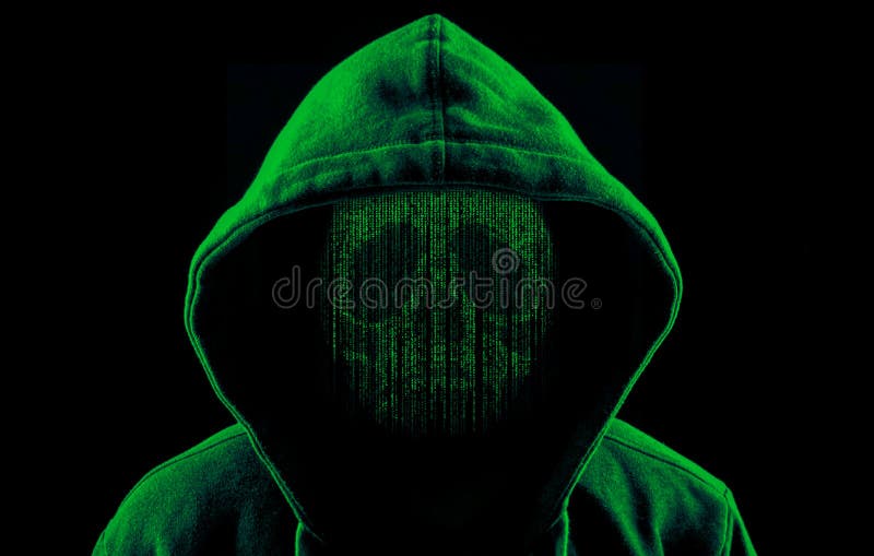 Hooded Hacker As a Skull of Computer Code - Green Gradient Stock Image ...
