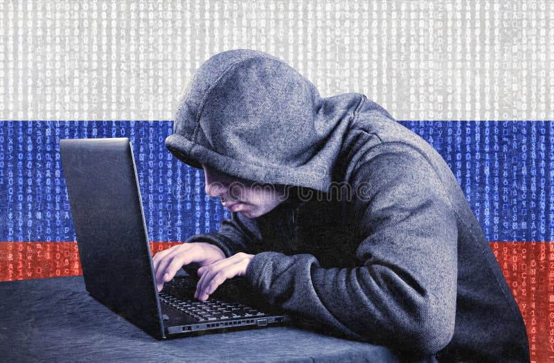 Russian Hooded Computer Hacker with Laptop Stock Photo - Image of crime ...