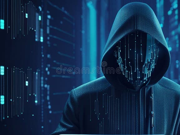 Hooded Computer Hacker in the Shadow with Binary Codes Stock ...
