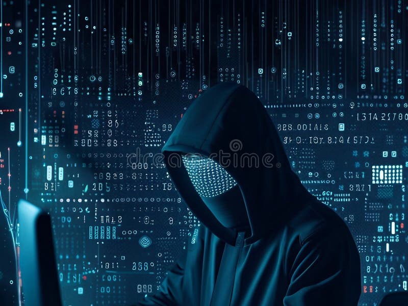 Hooded Computer Hacker in the Shadow with Binary Codes Stock Illustration - Illustration of code ...