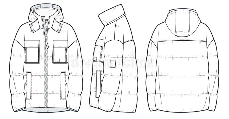 Hooded Down Jacket, Padded Coat Technical Fashion Illustration. Stock ...